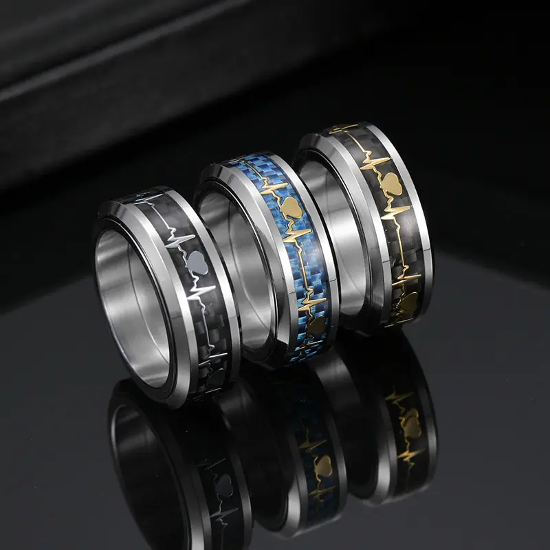 Men's Stainless Steel Decompression Ring with Carbon Fiber EKG Design