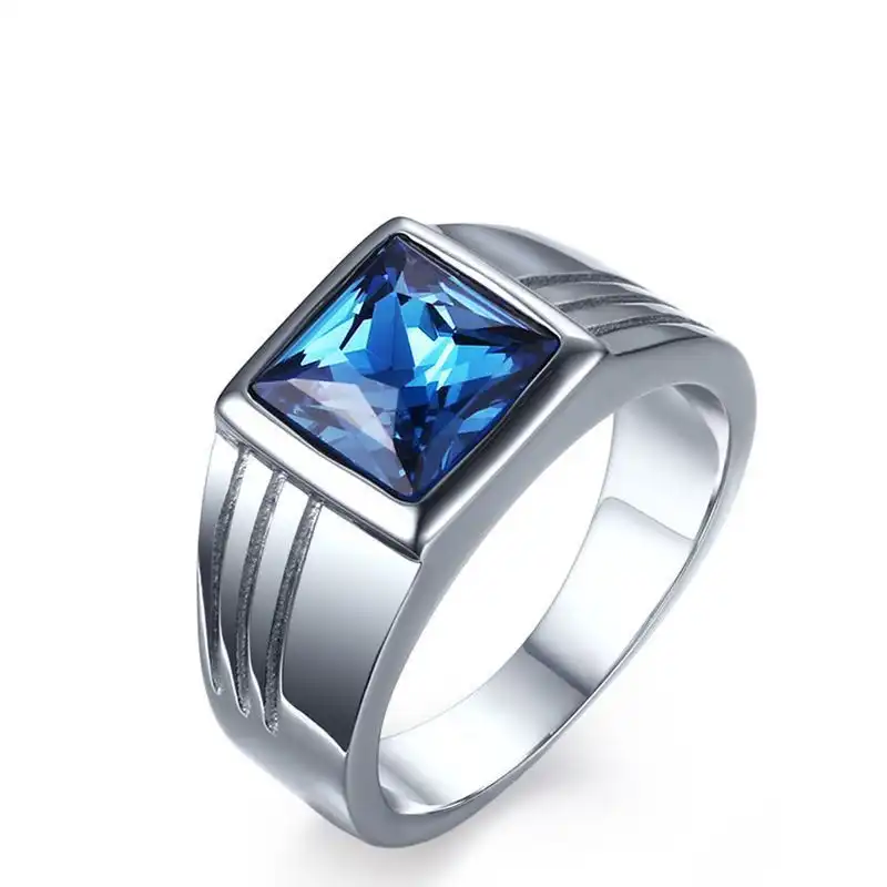 Blue Diamond Men's Ring Stainless Steel in Sleek Steel Color Finish